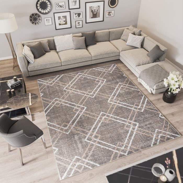 TAPISO Troya Tapis de Salon Chambre Design Moderne Géométrique Moucheté Beige Crème Frise 160 x ...