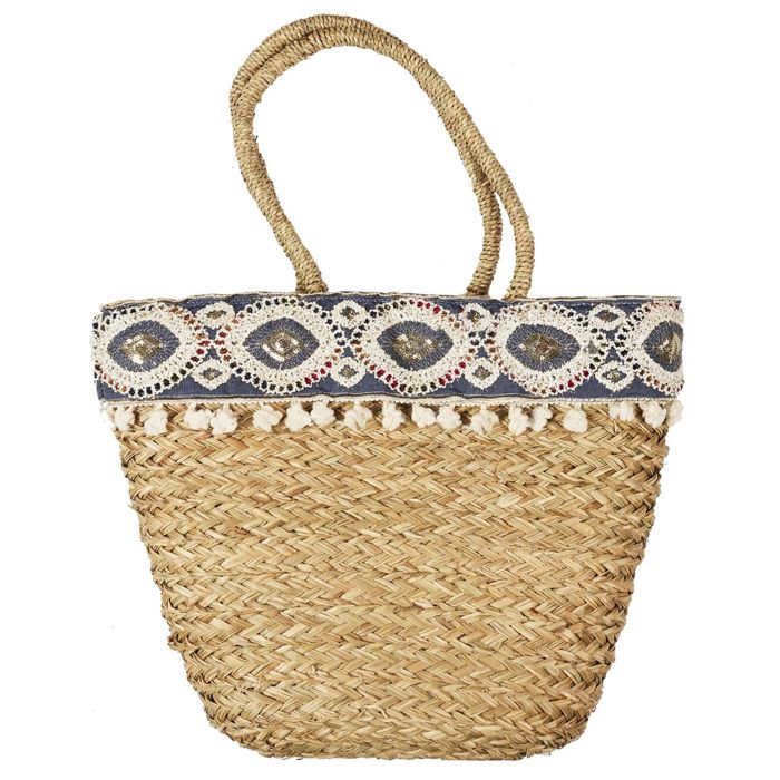 Sac de plage POP PLAYA en paille de blé tressée et macramé écru Blanc ...