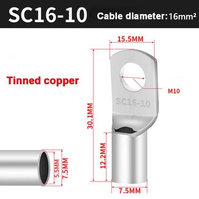 COSSE ELECTRIQUE,SC16-10--Bornes de batterie, anneau en cuivre étamé avec trou de boulon ...