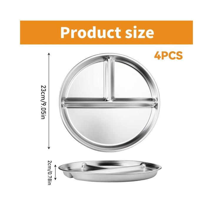 Assiette Inox Enfant, 4 PCS Assiettes Divisées en Acier Inoxydable 23 ...