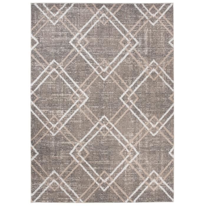 TAPISO Troya Tapis de Salon Chambre Design Moderne Géométrique Moucheté Beige Crème Frise 160 x ...