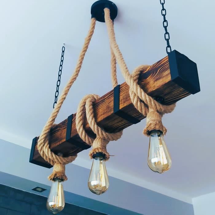 Plafonnier artisanal -Creative Cooper- bois de pin avec cordes de ...