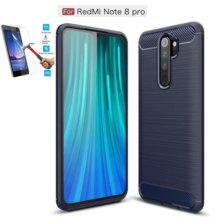 Coque Pour Xiaomi Redmi Note 8 Pro Carbone Bleu + Film Verre Trempé ...