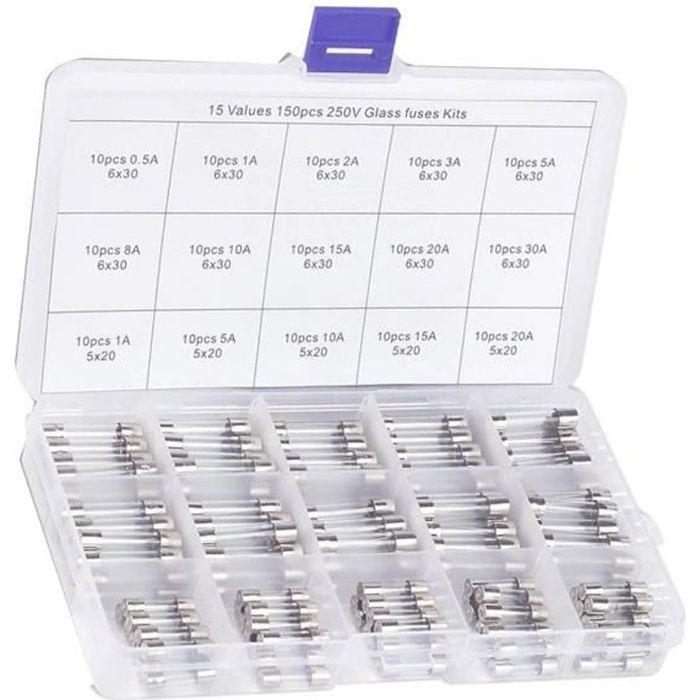 Tube en verre Fusibles Fusibles rapide coup Tube Kit 5-20mm Assortiment 250V 0.1A-20A avec boîte ...