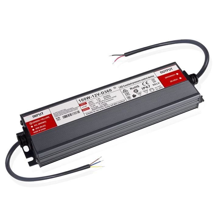 Transformateur 220V 12V LED Driver 100W Etanche IP67 Extérieur Transfo 8.3A Adaptateur ...