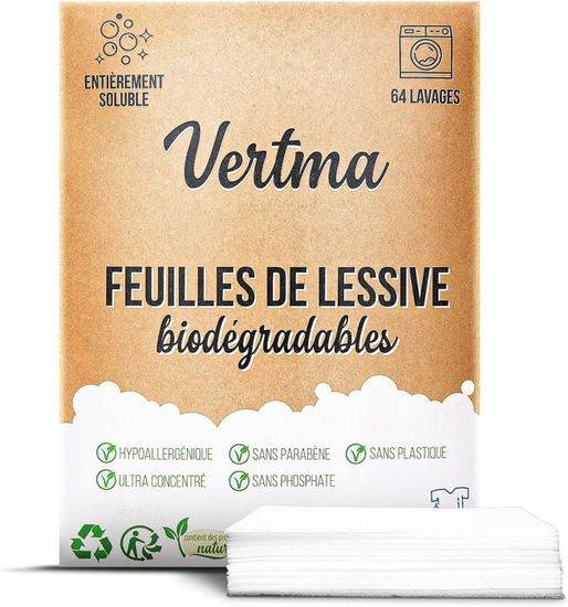Vertma-Lessive en Feuille Biodégradable-64 Lavages-Lessive ecologique ...