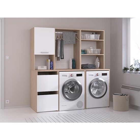 Meuble pour 2 machines à laver avec étagères, penderie et placards - Naturel clair et blanc ...