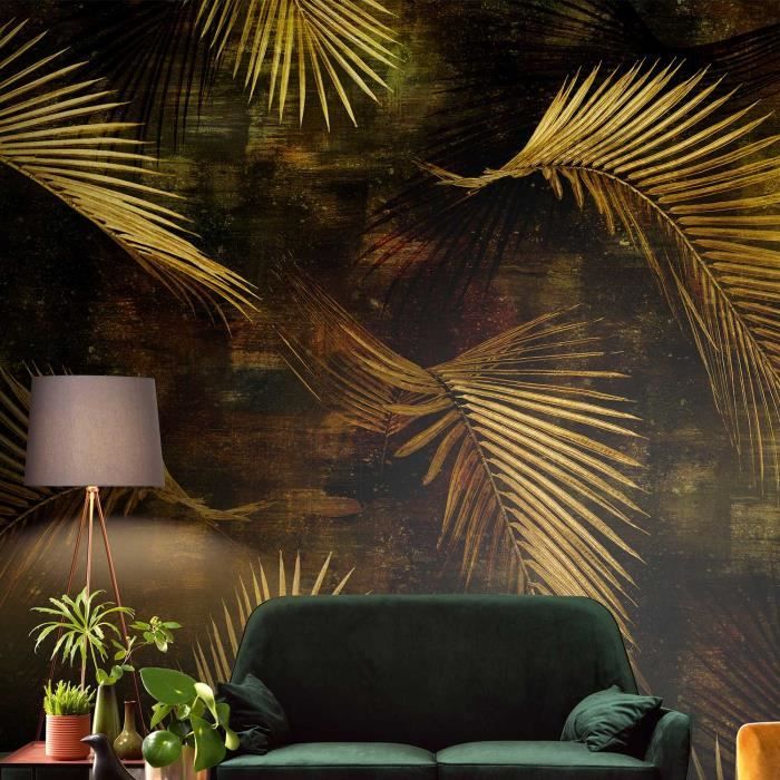 Papier Peint Photo Plumes M2-No.0514 - Tadessi - Impression Numérique - Or - Glossy Palms - Boho ...