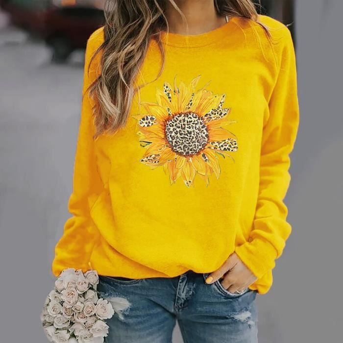 Sweat Femme Pull à capuche décontracté imprimé tournesol Jaune Jaune ...