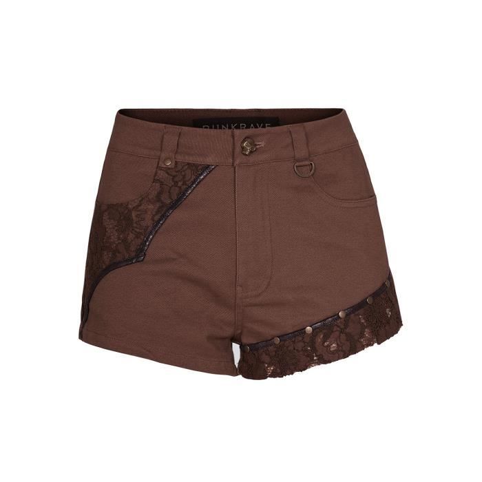 Short marron steampunk avec dentelle et bordure noire, Punk Rave Marron ...