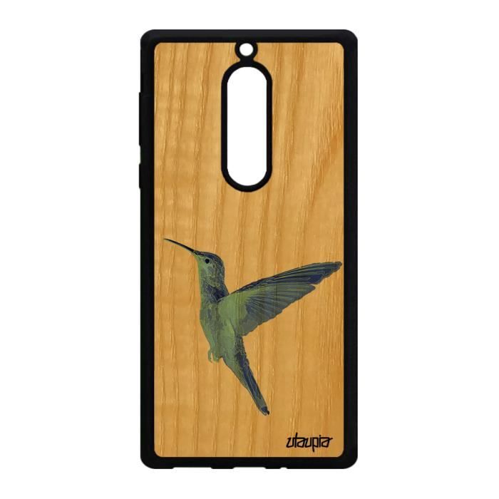 Coque Nokia 5 en bois et silicone colibri dessin design unique noir ...