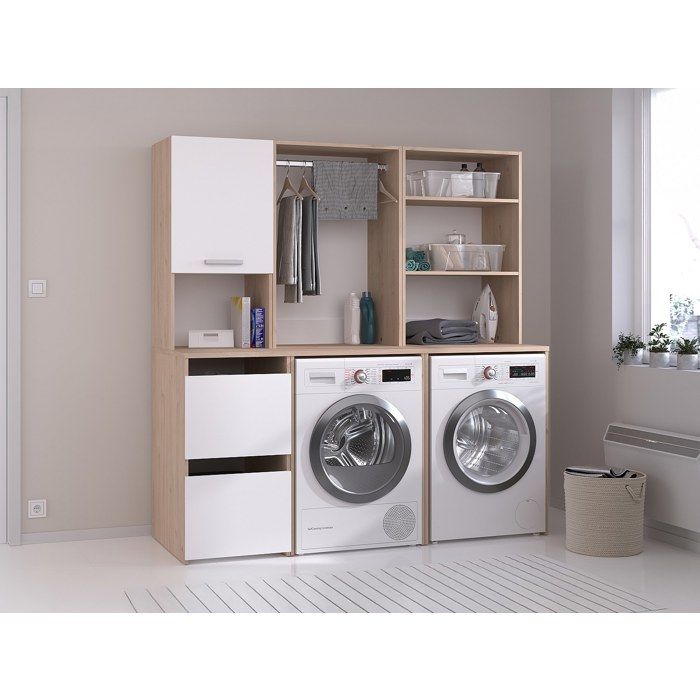 Meuble pour 2 machines à laver avec étagères, penderie et placards ...