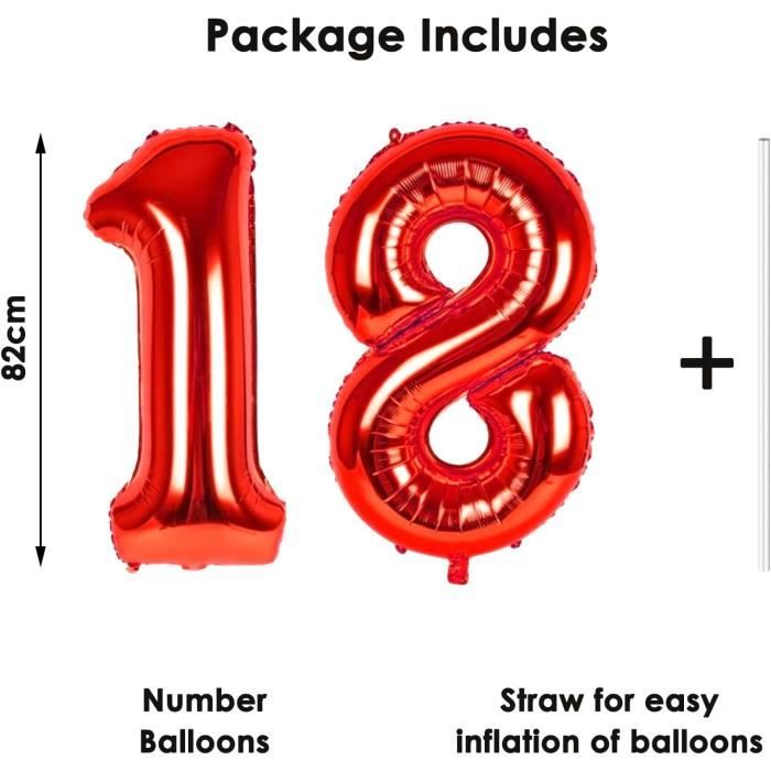 Ballons Anniversaire 18 Ans Rouge, 83Cm Helium Ballon Chiffre 1 Et 8 ...