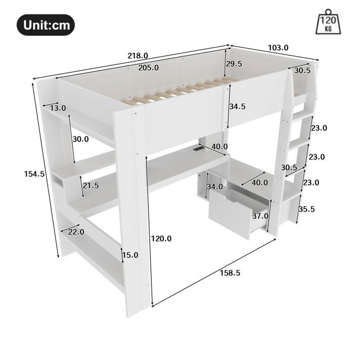 Lit mezzanine gamer 90x200 cm avec bureau, LED, tiroir et étagères ...