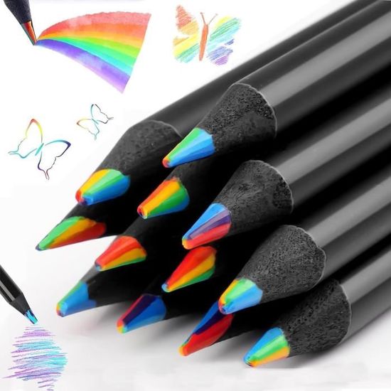 Lot De 12 Crayons Arc-En-Ciel 7 En 1 Noirs En Bois, Crayons Multicolores, Couleurs Assorties ...