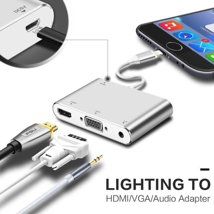 Argent - Câble OTG pour HDTV 1080P, adaptateur Lightning vers VGA ...
