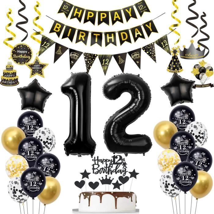 Ballon 12 Ans Garcon Fille Anniversaire Décoration Noir Or Ballon 12 ...