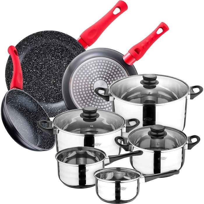 Lot de 3 poeles O20/24/28 cm, aluminium forge + Batterie cuisine 8 pieces 5 corps et 3 ...