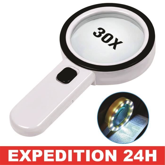 Loupe 30X - ZISONIX - Grande Loupe avec 18 LED - ABS et double lentille en verre - Blanc - 100mm ...