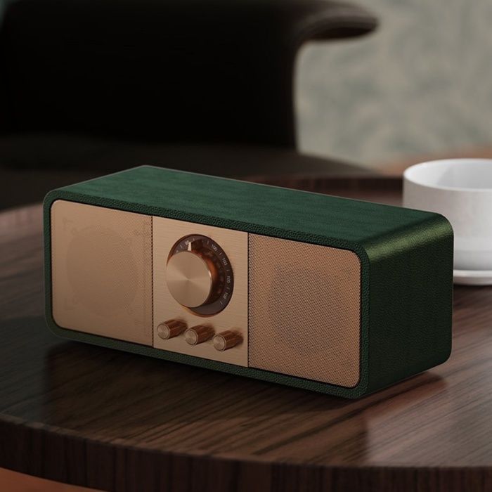 Enceinte Bluetooth rétro vert cuir double haut-parleur HiFi FM AUX USB ...