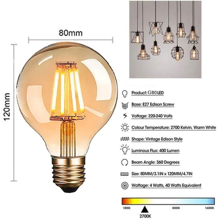 Ampoules Led Edison Vintage, Ampoule Vintage G80 E27 4W, Blanc Chaud 2700K, Ampoule Rétro À ...