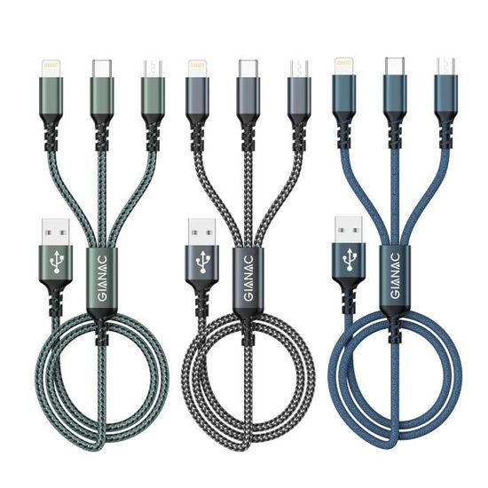 Câble Chargeur Multi Embout,3 en 1 Câble Universel [1.2M-Lot de 3 ...