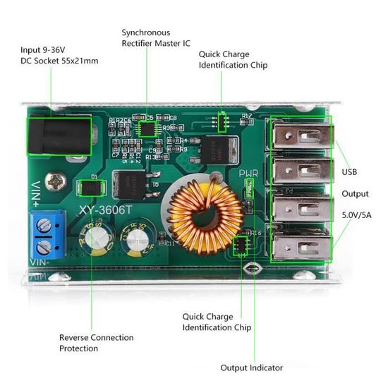 Mothinessto Convertisseur abaisseur Module d'alimentation abaisseur 24V/12V à 5V 5a, 4 sorties ...