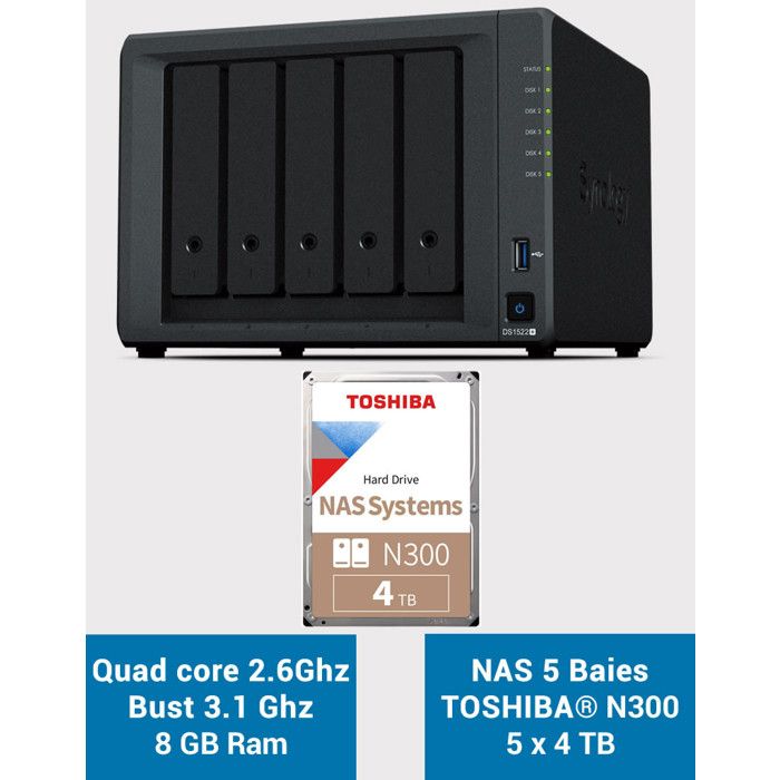 Synology DiskStation® DS1522+ Serveur NAS Toshiba N300 20To (5x4To) - Cdiscount Informatique