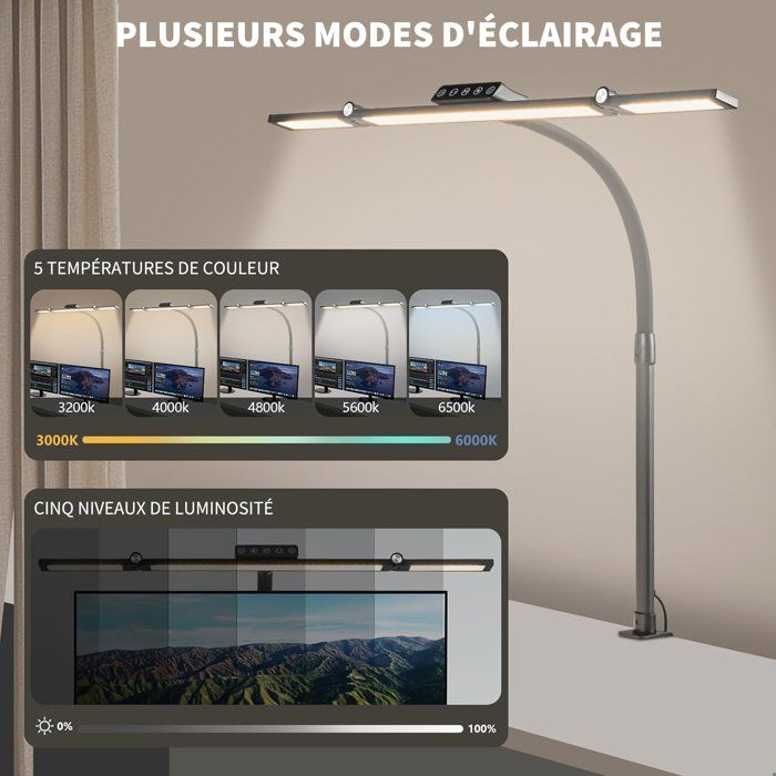 24W Lampe de Bureau LED Puissante, 2200LM, Col de Cygne Flexible, 5 ...