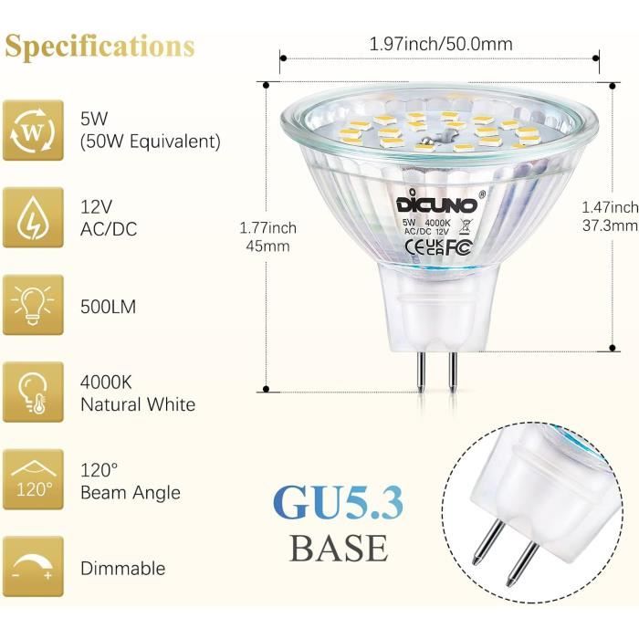 Dimmable Ampoule LED GU5.3 MR16, Blanc neutre 4000K, 12V, 5W équivalent 50W lampes halogènes ...