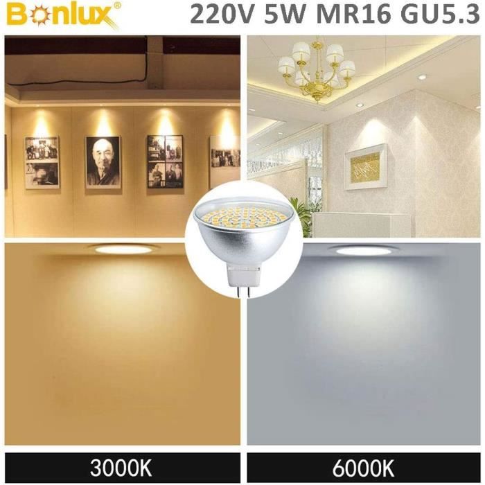 Lot de 5 ampoules LED MR16 GU5.3 220 V 5 W avec 500 lm Équivalentes aux ...
