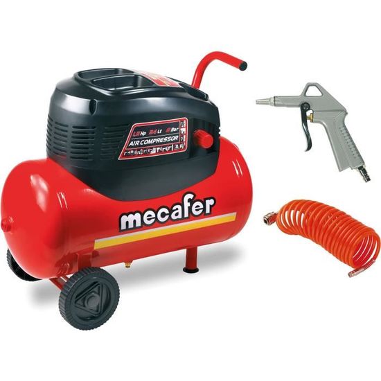 Compresseur MECAFER - 24L 1.5HP sans huile + tuyau et soufflette ...
