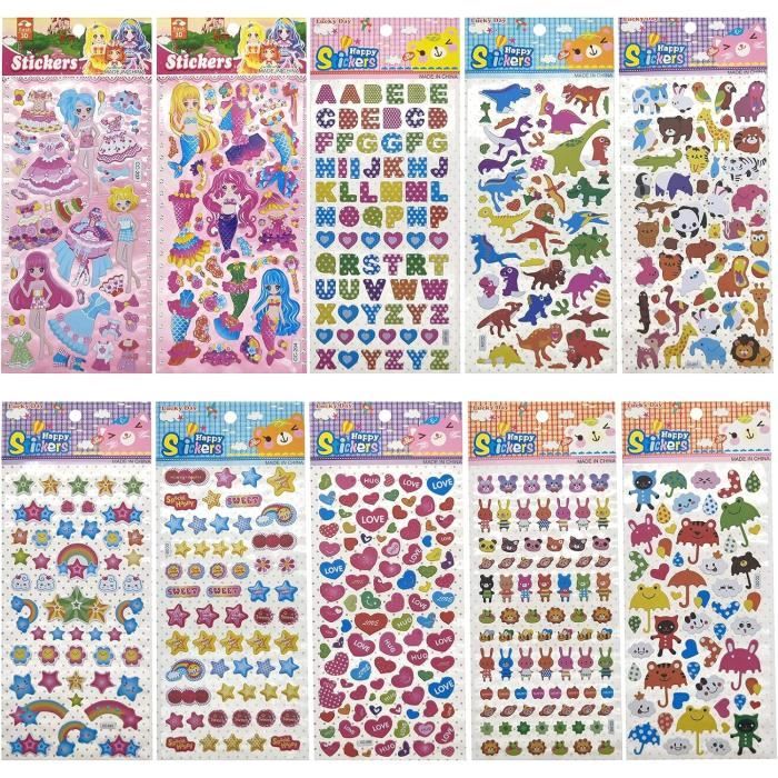 Autocollants Pour Enfants,10 Feuilles 3D Gommettes Autocollantes ...