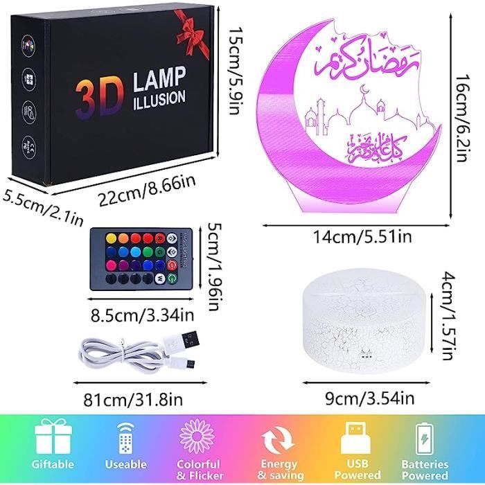 Lampe décorative LED Lune Ramadan - Effet 3D - Télécommande - 16 ...