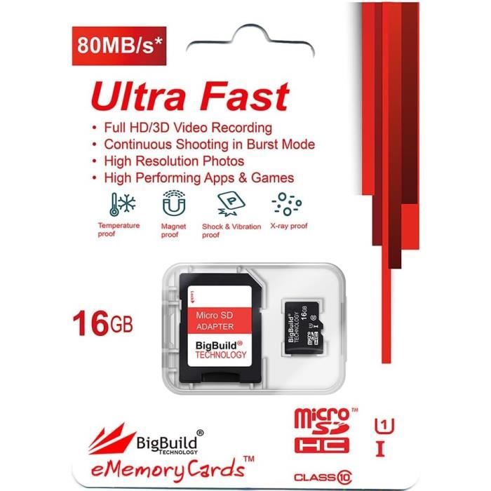 Ememorycards 16 Go 80Mo-S Ultra Rapide Microsd Carte Mémoire Pour ...