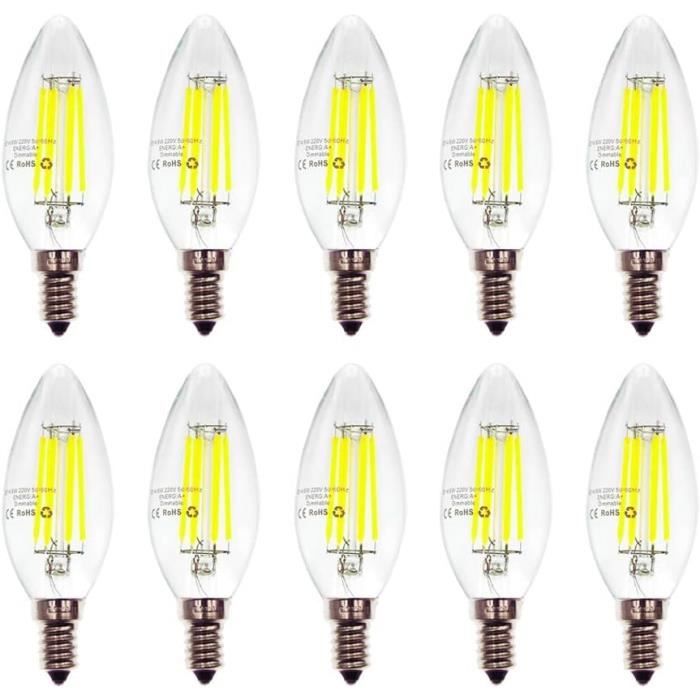 Lot De 10 E14 Bougie 6W Ampoules À Filament Led, Compatibles Avec Variateur D Intensité, Blanc ...