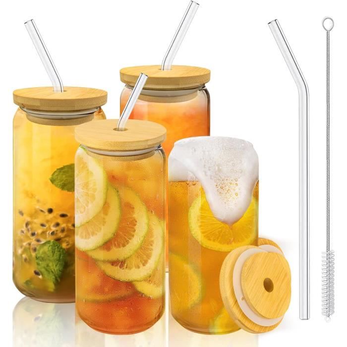 Lot De 4 Verre Canette, 500Ml Verre Bubble Tea Avec Couvercle Et Paille ...