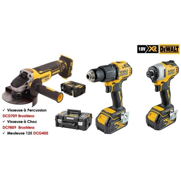 Pack de 3 outils 18V (DCD709 + DCF809 + DCG405) + 2 batteries 4Ah + chargeur + TSTAK - DEWALT ...