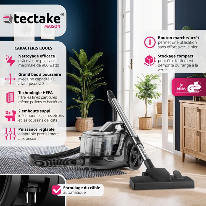ASPIRATEUR TRAINEAU - TECTAKE - Aspirateur VC900 sans sac avec filtre ...