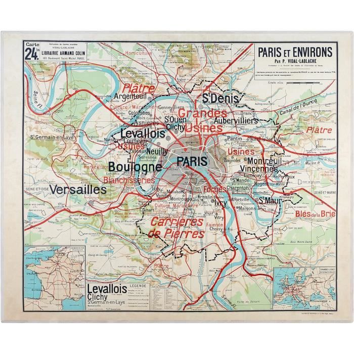 Affiche Vintage Scolaire Cartes De France - Environs De Paris 1950 ...