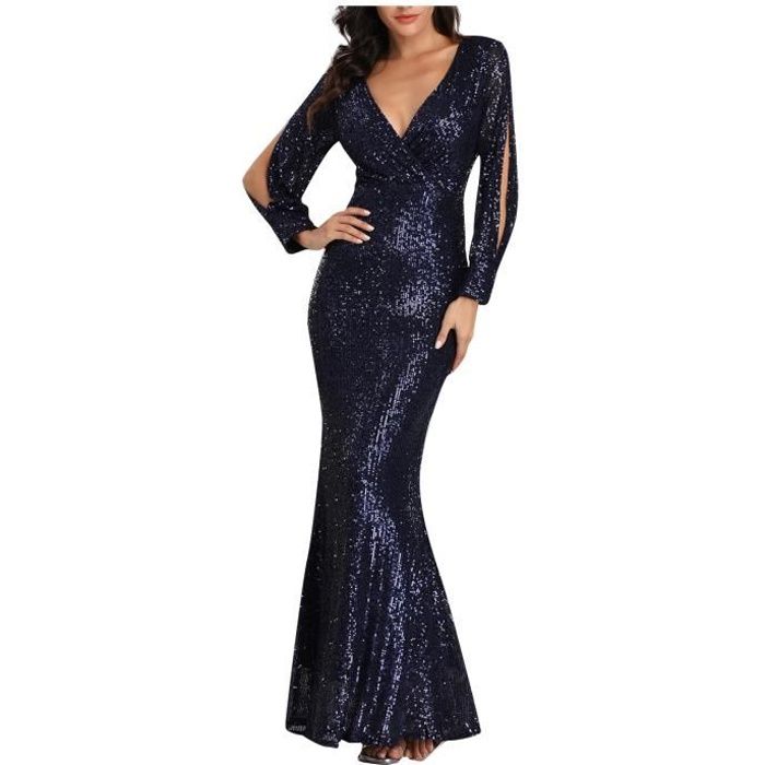 Robe de soirée sirène à manches longues sexy à col en V et à sequins ...