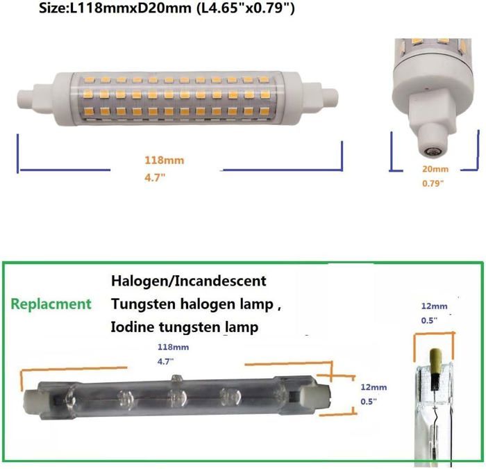 2 PCScs Ampoules Led R7s 118 Mm 12 W J118 T3 équivalent à Une Lumière ...