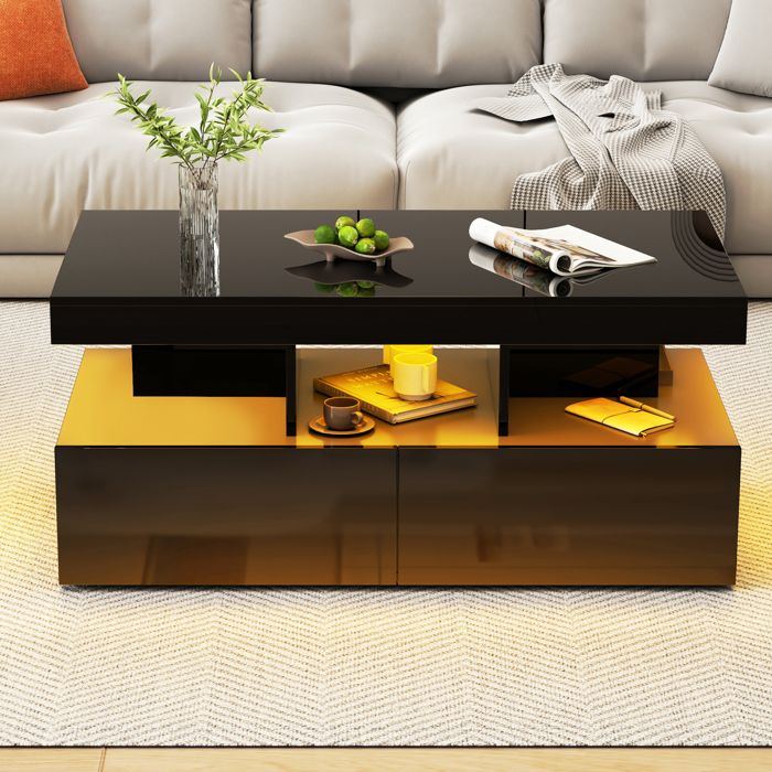 Table Basse LED,Table de Salon avec 2 Tiroirs et Compartiment,104 x 53 ...