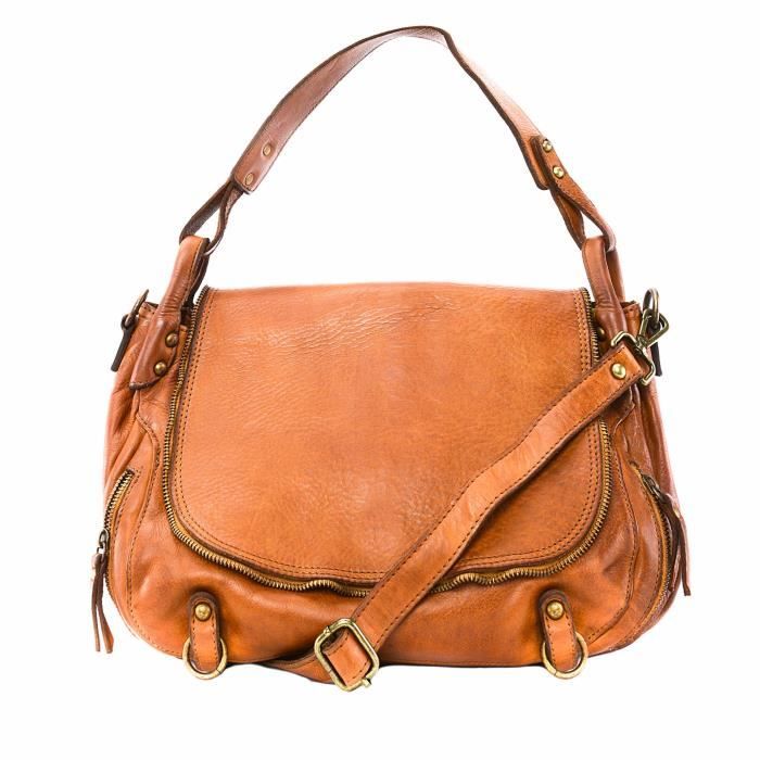 Sac à main en cuir vintage italien MISS DUNN Camel foncé marron ...