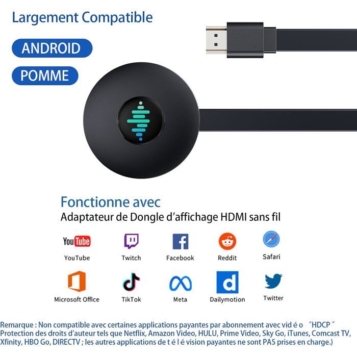 5G Dongle HDMI sans Fil, 4K Adaptateur Affichage Miracast/AirPlay/DLNA ...