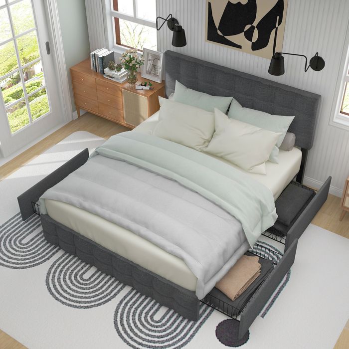 Lit double rangement en lin gris 140×200 cm avec 4 tiroirs et lattes en ...