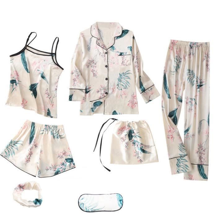 Pyjama en soie long,pyjama rayé en soie pour femmes, ensemble de 7 ...