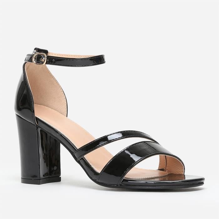 Sandales vernies noires à double brides - LA MODEUSE - Talon carré ...