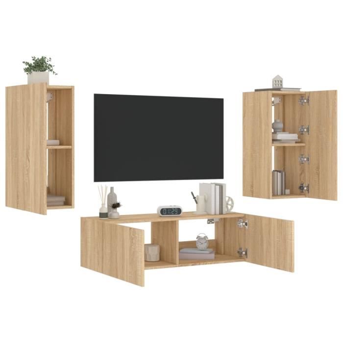 Meuble TV muraux 3 pcs avec lumières LED chêne sonoma - SALUTUYA ...