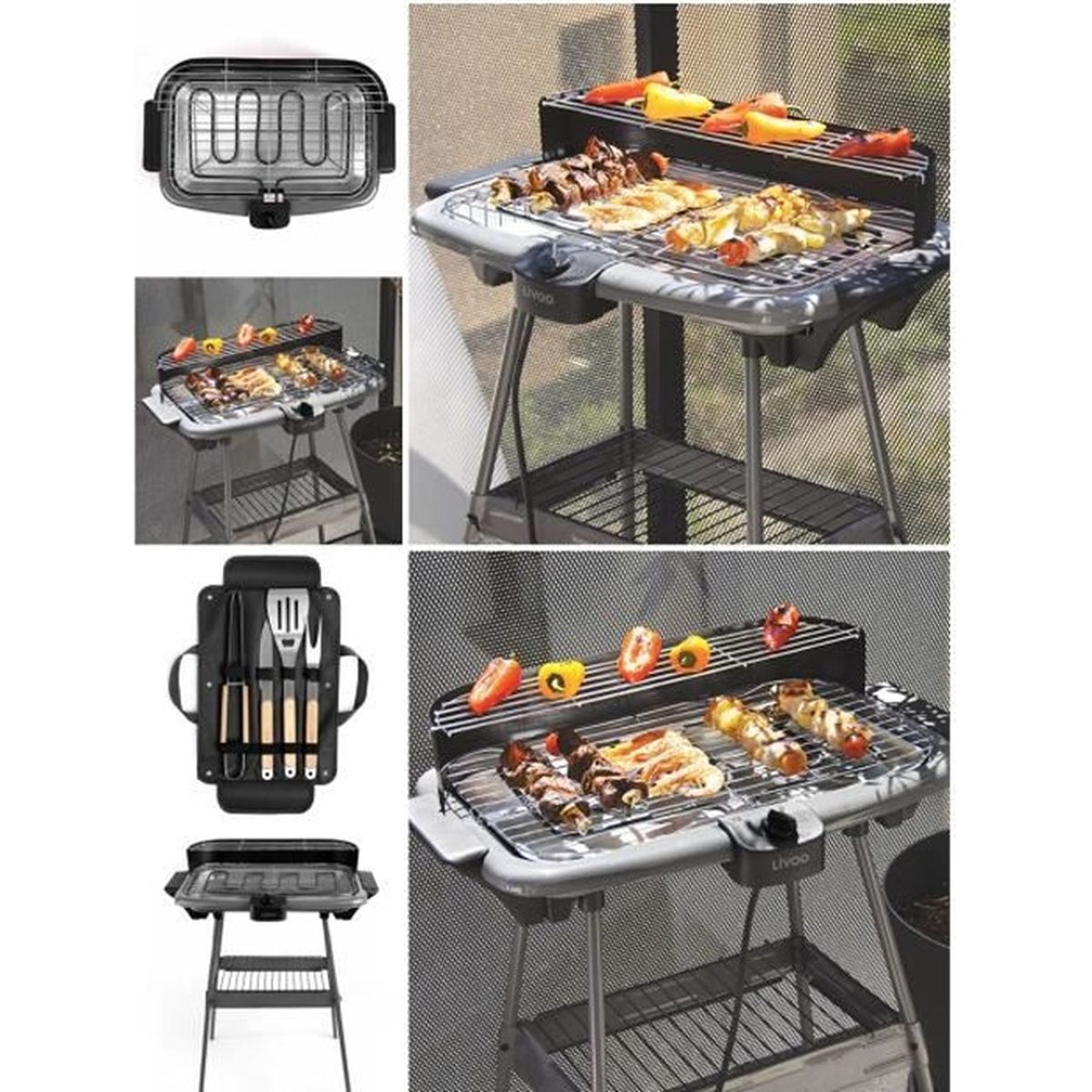 Barbecue Electrique sur Pieds ou de Table Gris 2000W + Set de 4 ...